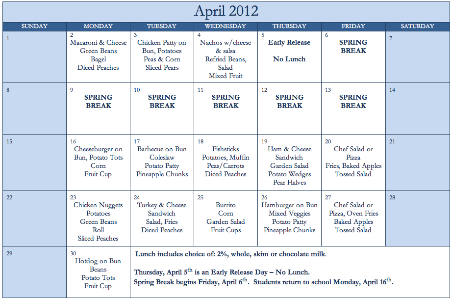 Luther Memorial School - Lunch Menu