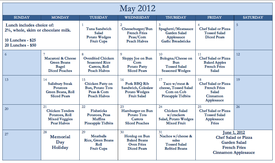 Luther Memorial School - Lunch Menu